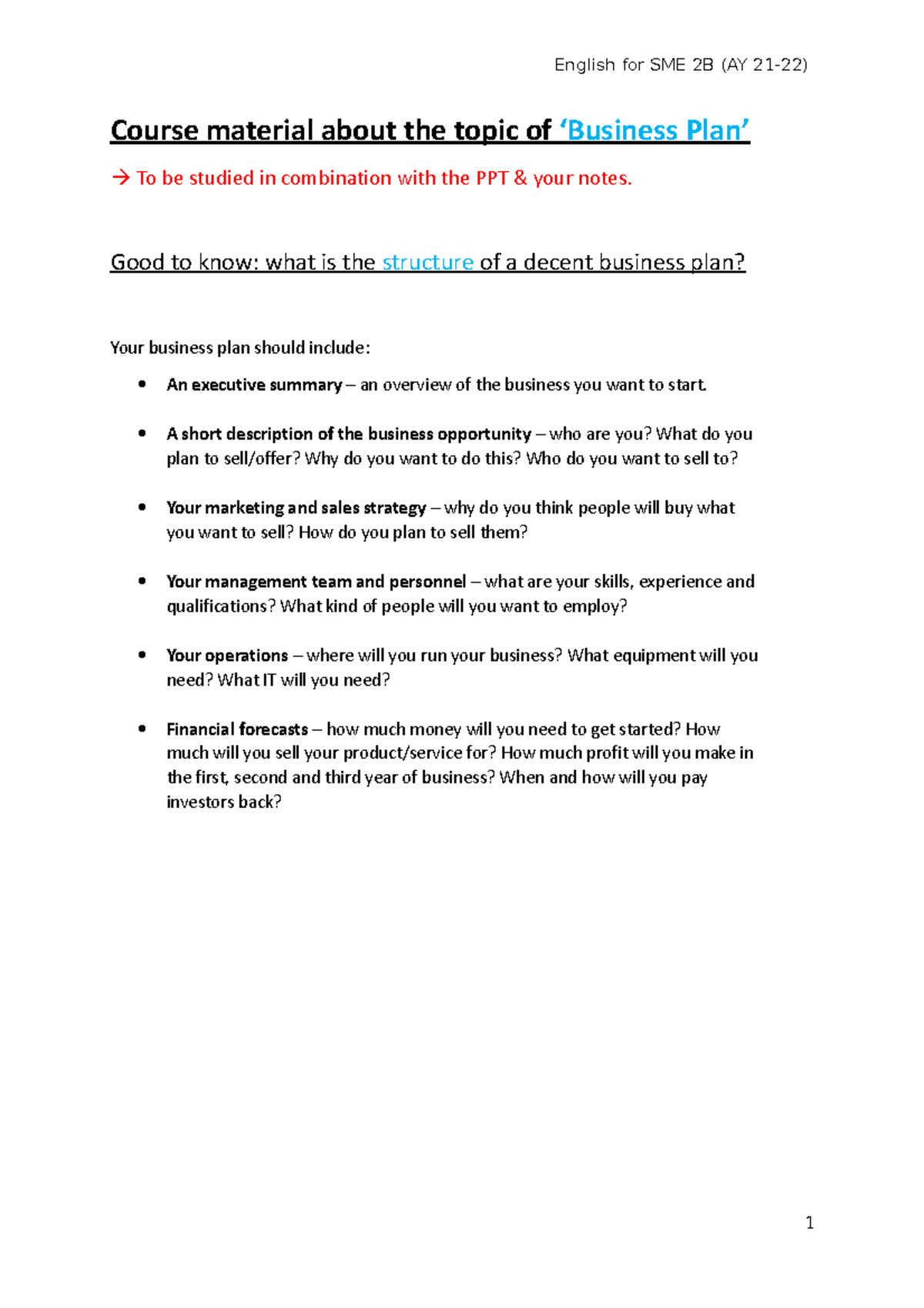 In-class exercises - business plan - Course material about the topic of ...