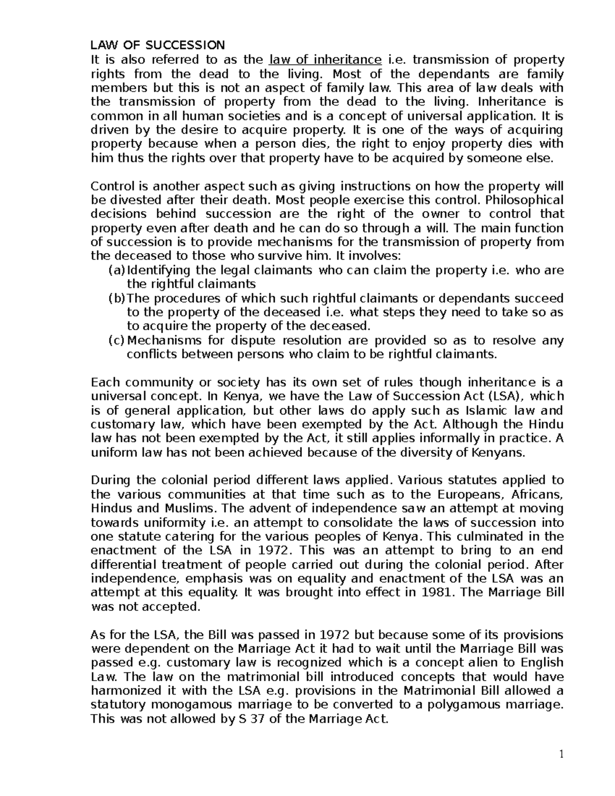 Law of Succession notes 1 - LAW OF SUCCESSION It is also referred to as ...