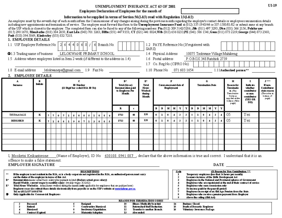 UI 19 FORM - UIF 19 - UNEMPLOYMENT INSURANCE ACT 63 OF 2001 UI- Employers Declaration of ...