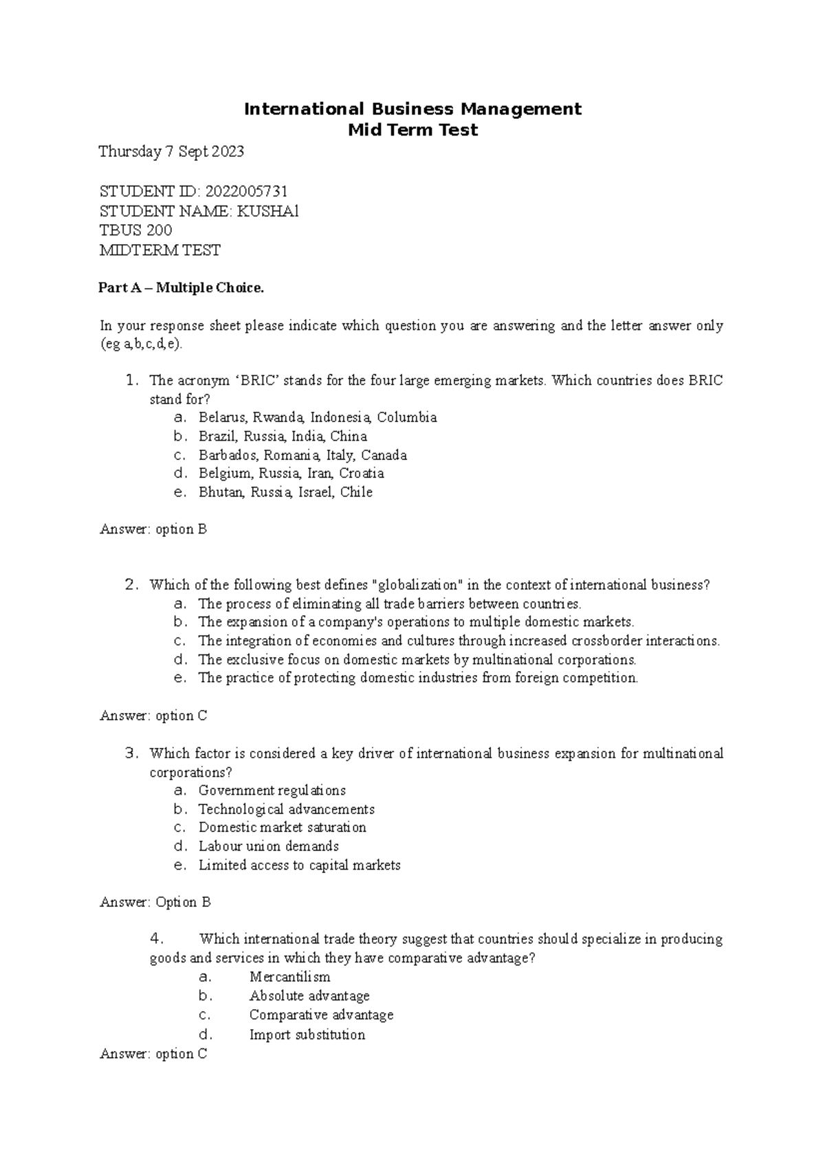 International Business Management - Mid Term Test - International ...