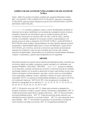 Guía acción de tutela - EJEMPLO MODELO DE SOLICITUD DE TUTELA A. MODELO ACCIÓN DE TUTELA PARA ...