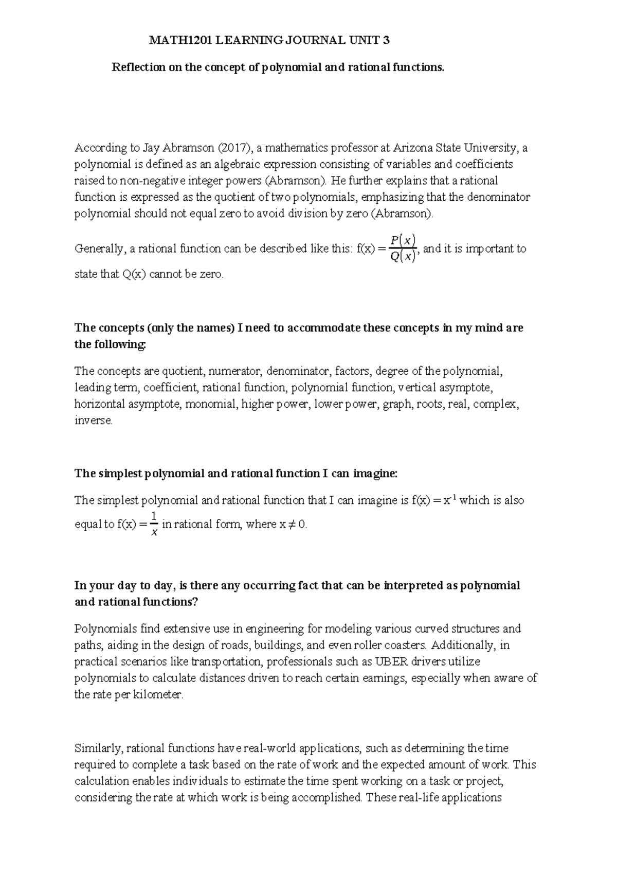 MATH 1201 Learning Journal UNIT 3 - MATH1201 LEARNING JOURNAL UNIT 3 ...