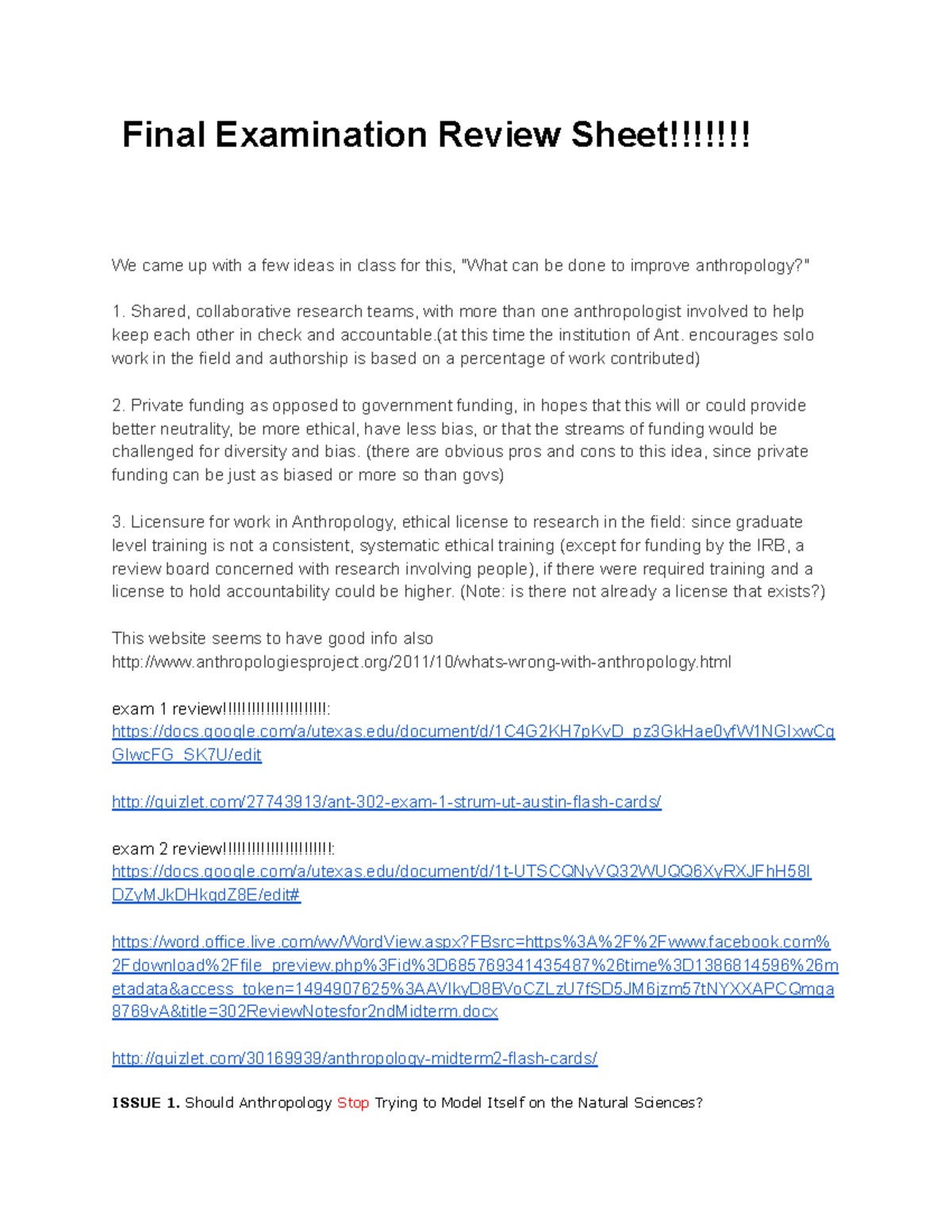 Anthro Final Exam - Congregated class notes - Final Examination Review ...