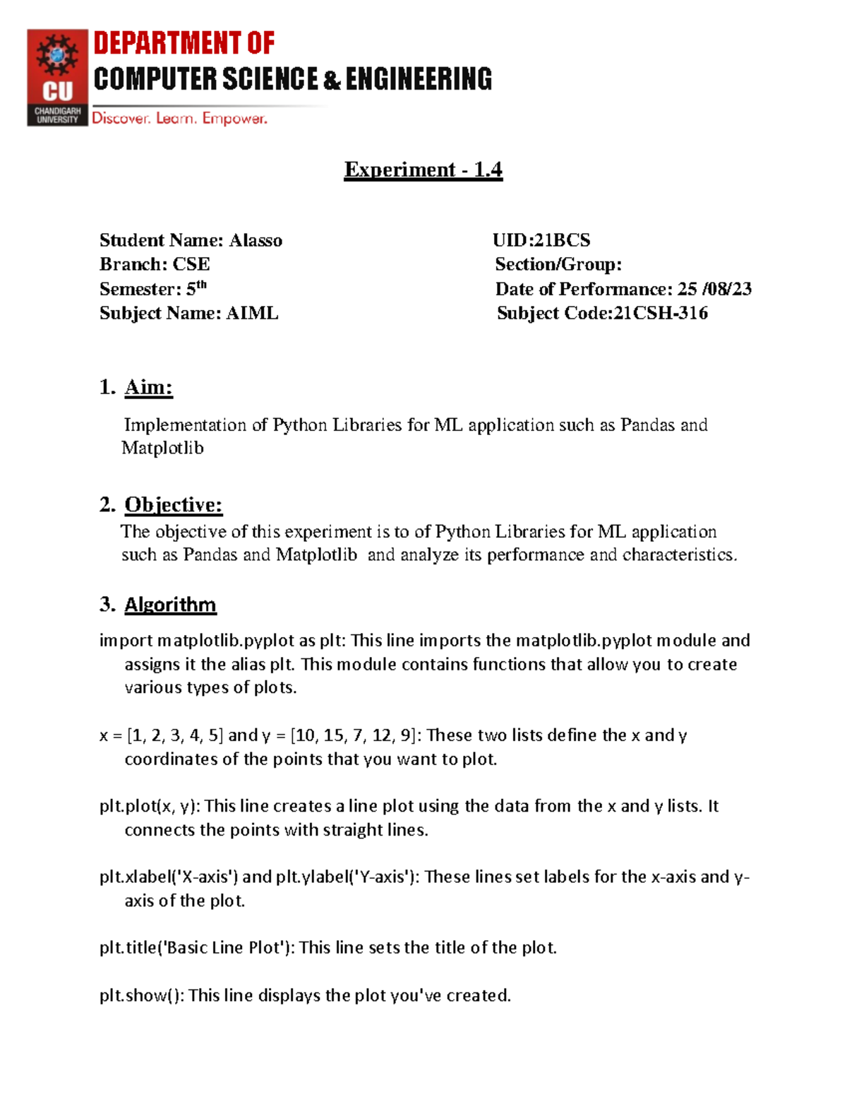 AIML Worksheet 4 - Alasso - DEPARTMENT OF COMPUTER SCIENCE & ENGINEERING Experiment - 1. Student ...