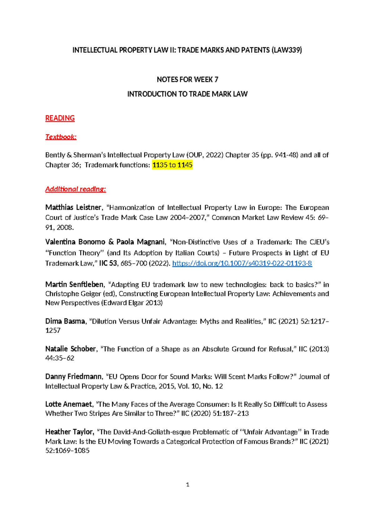 Notes for Lecture 7 - INTELLECTUAL PROPERTY LAW II: TRADE MARKS AND ...