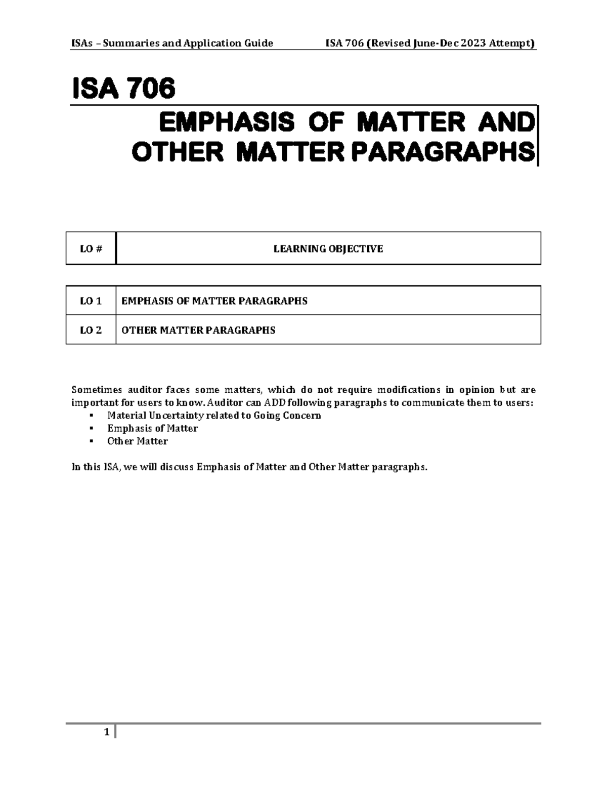 ISA 706 - Sir Asif Notes - ISA 706 EMPHASIS OF MATTER AND OTHER MATTER ...