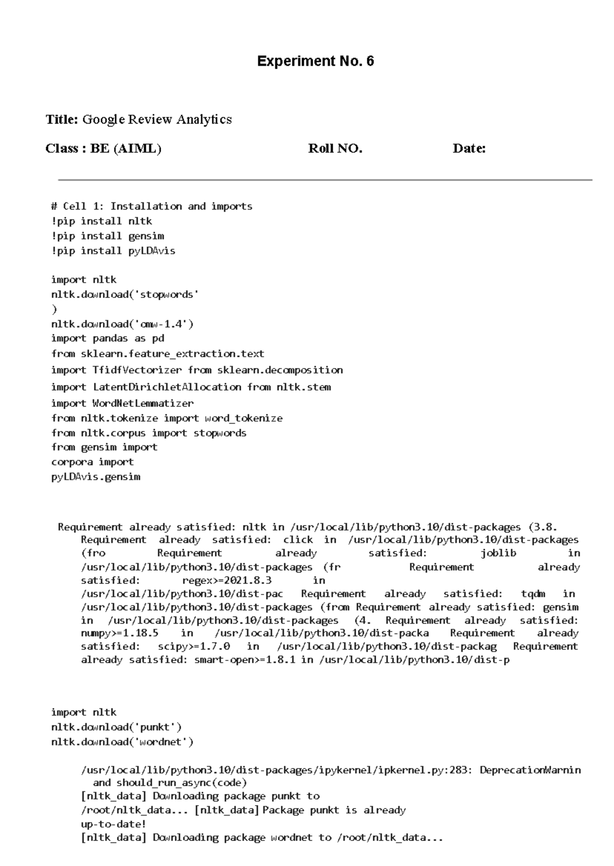 Sma exp6 - Good - Experiment No. 6 Title: Google Review Analytics Class : BE (AIML) Roll NO ...