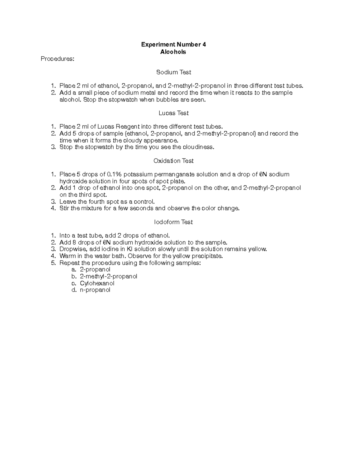 Organic-Chemistry-Experiment-4-nd-5 - Experiment Number 4 Alcohols ...