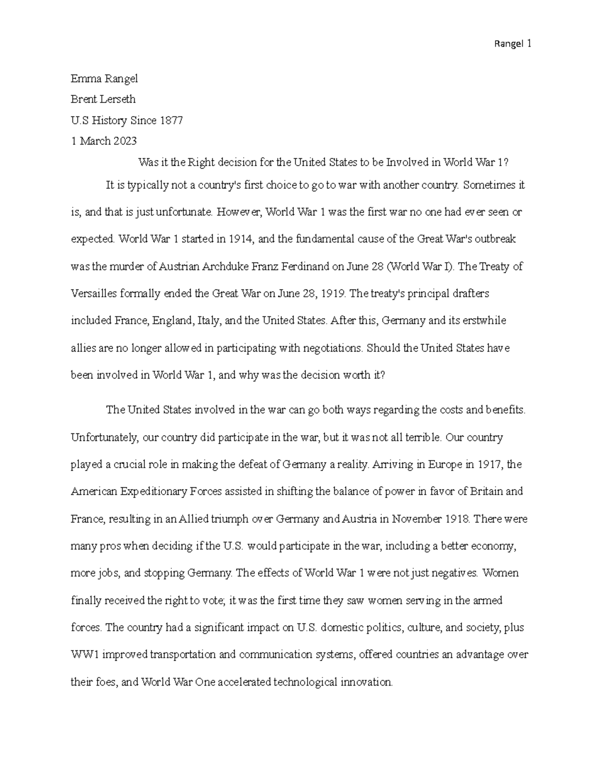 World War 1 - Paper #2 - Rangel 1 Emma Rangel Brent Lerseth U History ...