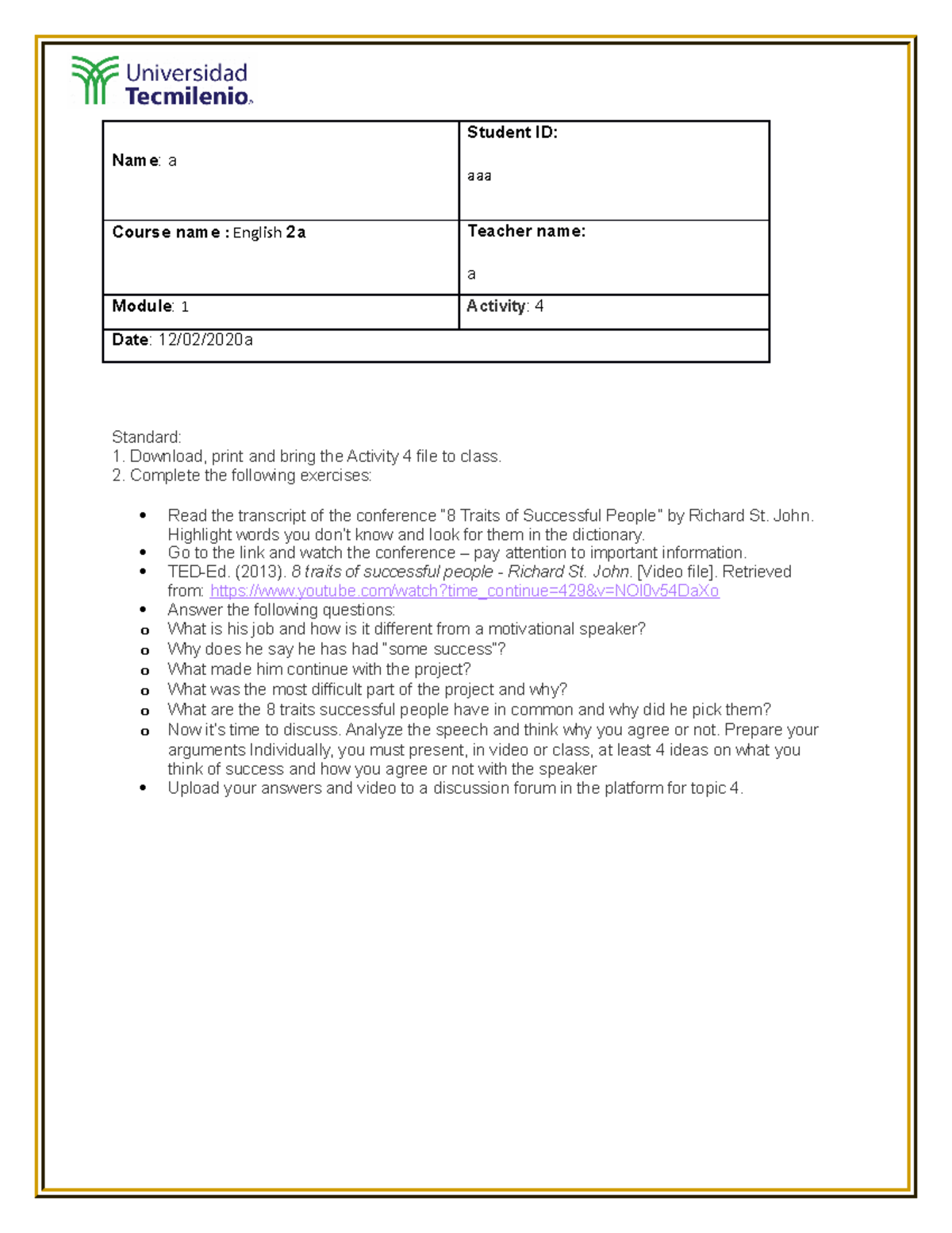 Activity 4 Standard: 1. Download, print and bring the Activity 4 file ...