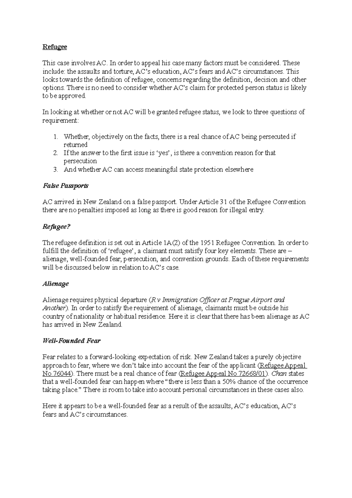 Refugee-Model-Answer - Refugee This case involves AC. In order to ...