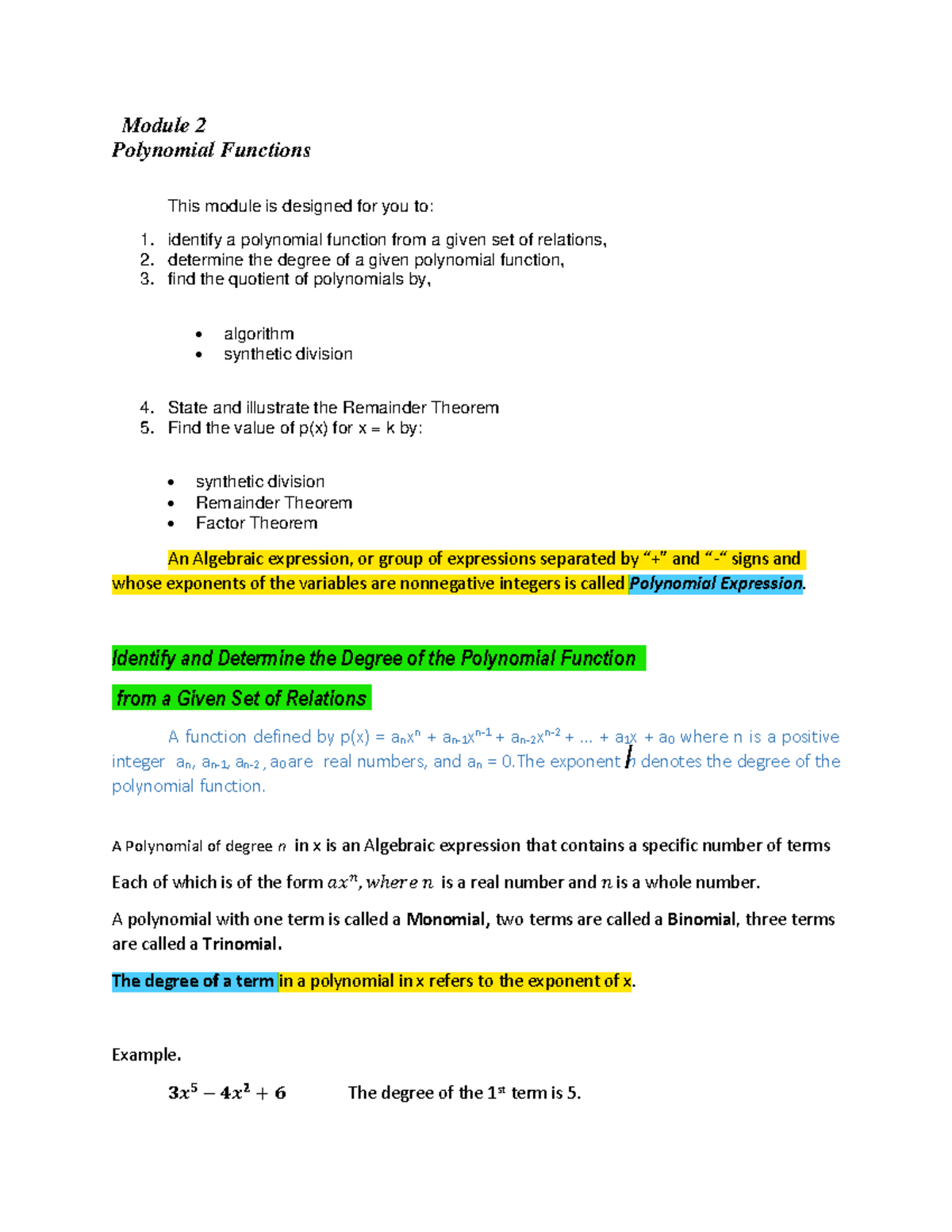 Module 2 in math 10 ( polynomial function) - Module 2 Polynomial ...