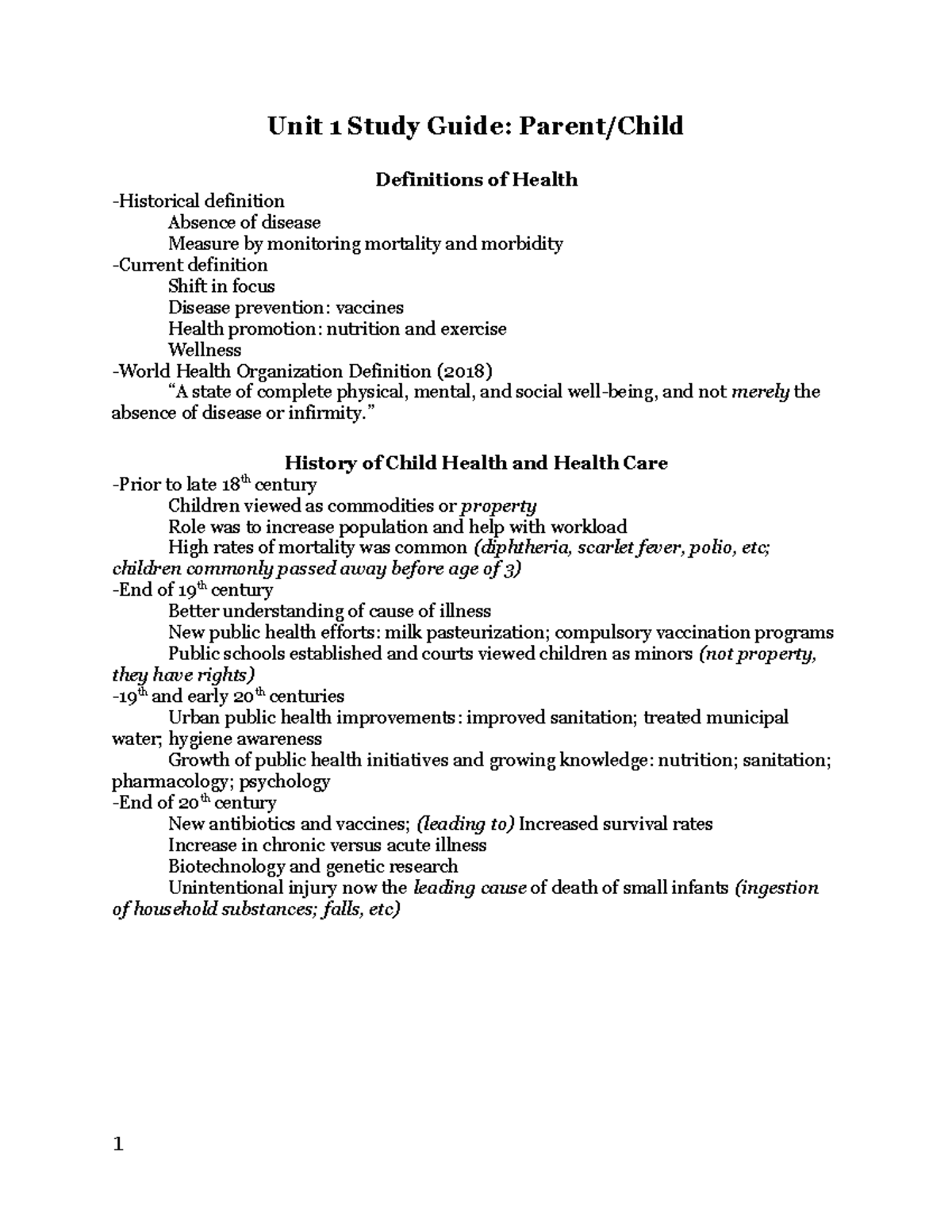 Peds Unit 1 study guide - Unit 1 Study Guide: Parent/Child Definitions ...