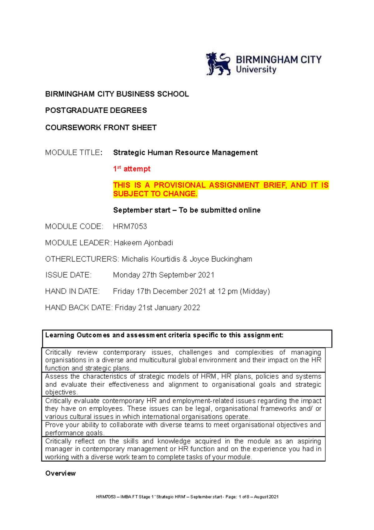 HRM7053 - Assignment Brief-Sept 2021 start (003) - BIRMINGHAM CITY ...