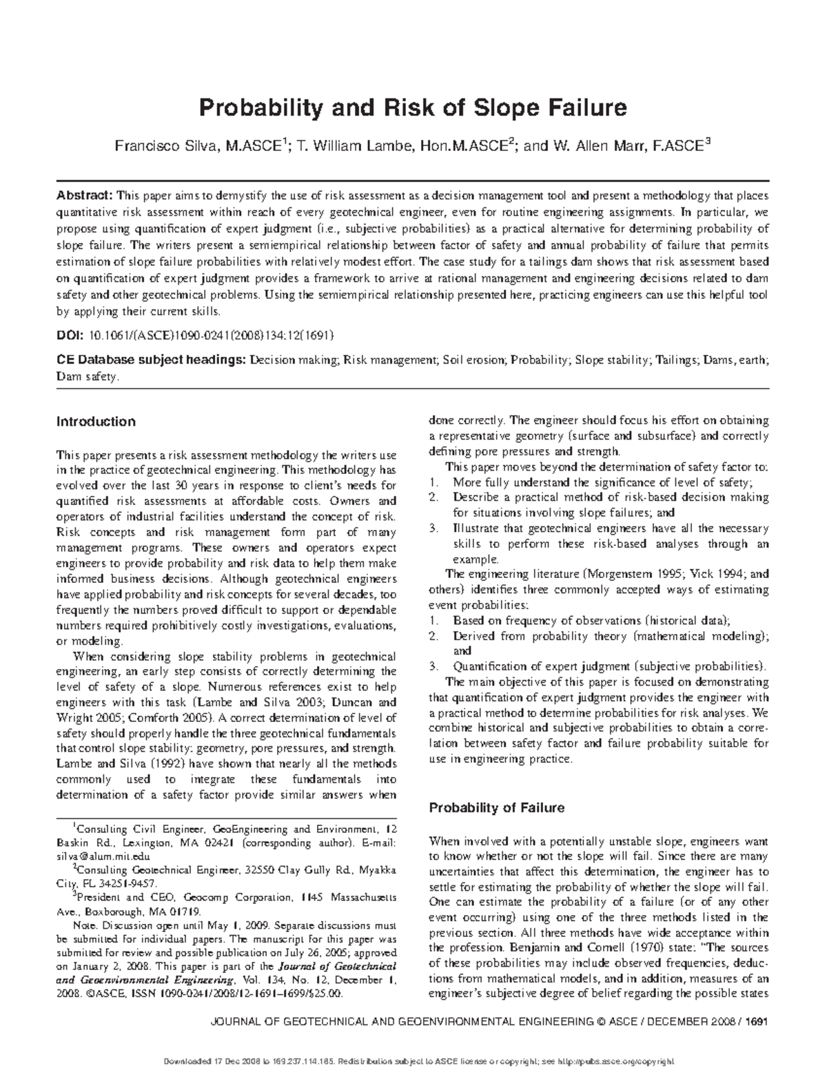 Probability and risk of slope faile - Lambe & Silva - Probability and ...