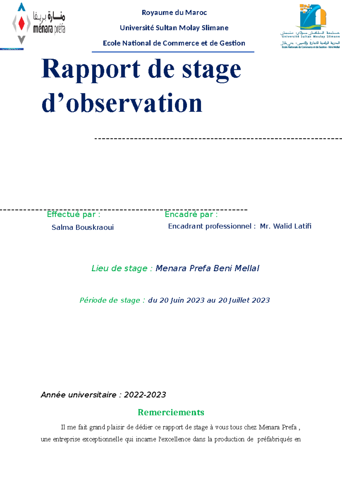 Rapport De Stage D’Observation Docteur – ITVQ