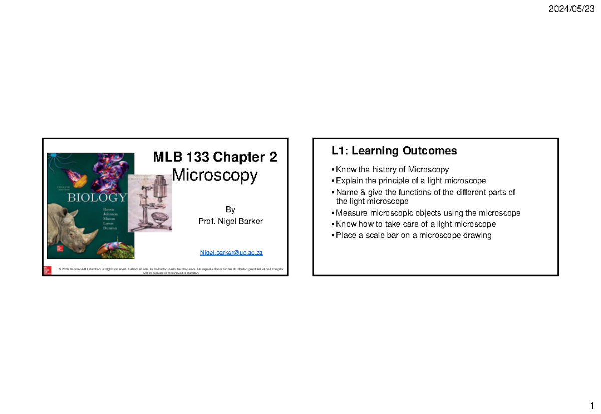 2024 Lecture Theme 7 - microscopes - MLB 133 Chapter 2 Microscopy By Prof. Nigel Barker Nigel@up ...