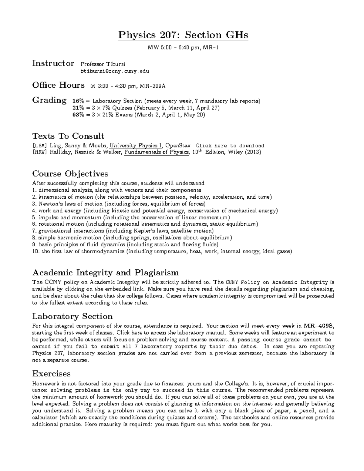 Syllabus for University Physics 1 - Physics 207: Section GHs MW 5:00 ...
