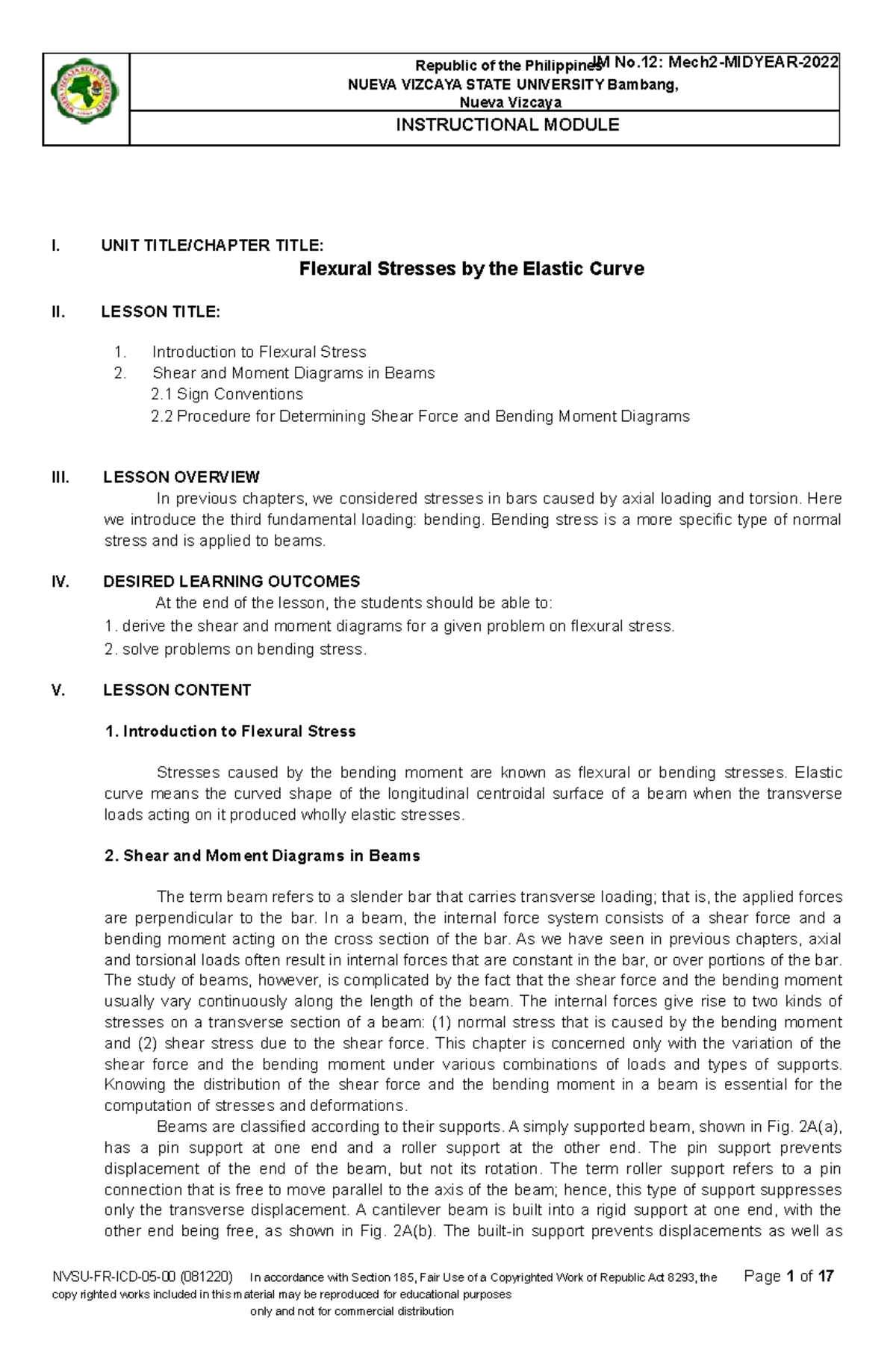 IM12 MECH 02 Flexural Stresses with shear Diagram - I. UNIT TITLE ...
