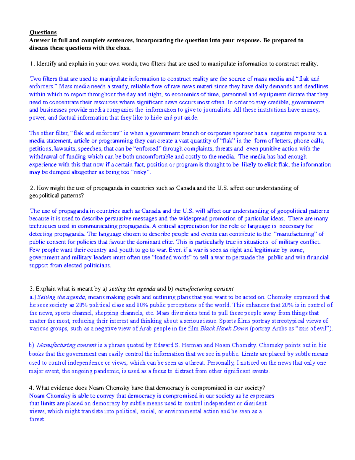 Manufacturing Consent Article with Questions - Questions Answer in full ...