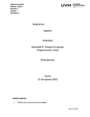 Ejercicios Unidad 4 Trabajo EN Equipo - Materia: Algebra Semana: 4 ...