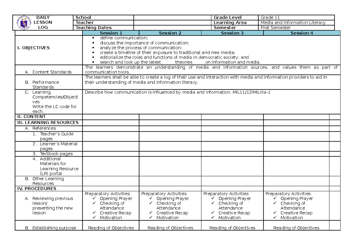 Lesson Plan in Media and Information Literacy - DAILY LESSON LOG School ...