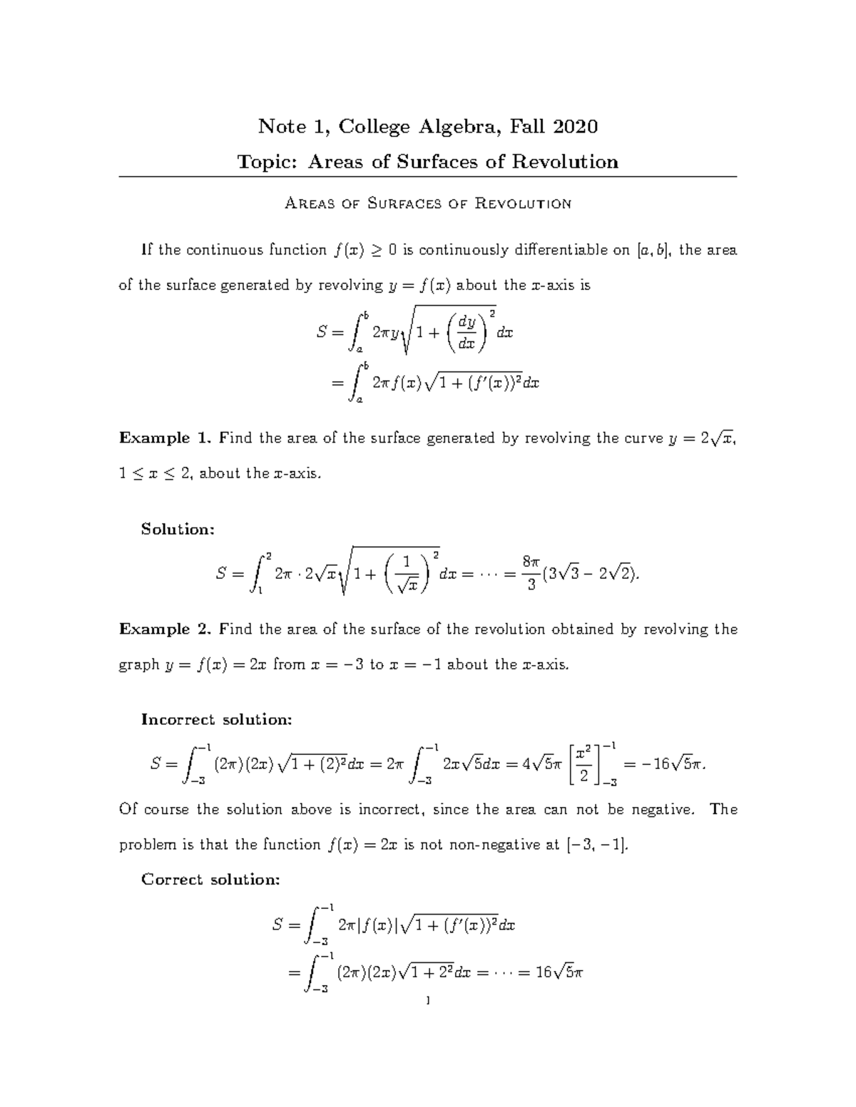 Note1 - Areas of Surfaces of Revolution - Note 1, College Algebra, Fall ...