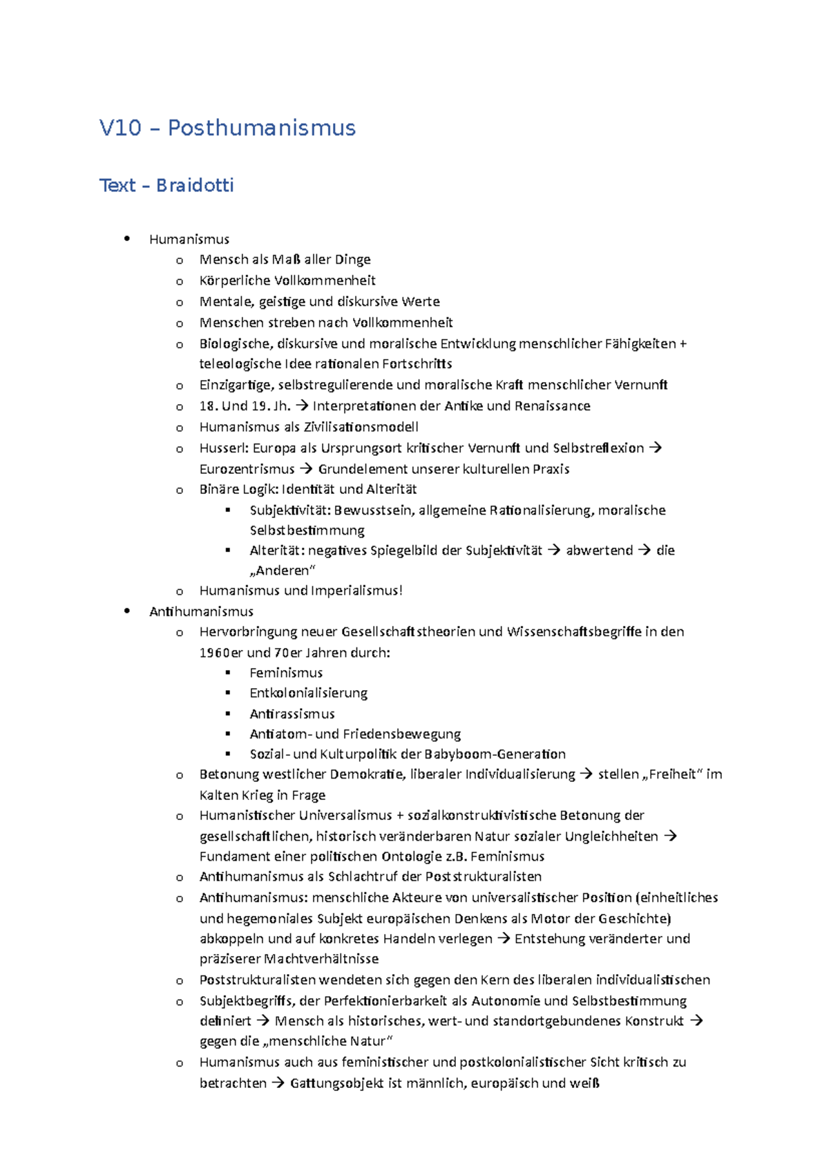 10. Vorlesung, Posthumanismus - V10 – Posthumanismus Text – Braidotti ...