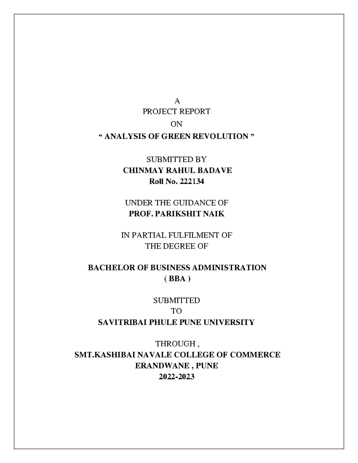 EVS Project BBA - A PROJECT REPORT ON “ ANALYSIS OF GREEN REVOLUTION ...