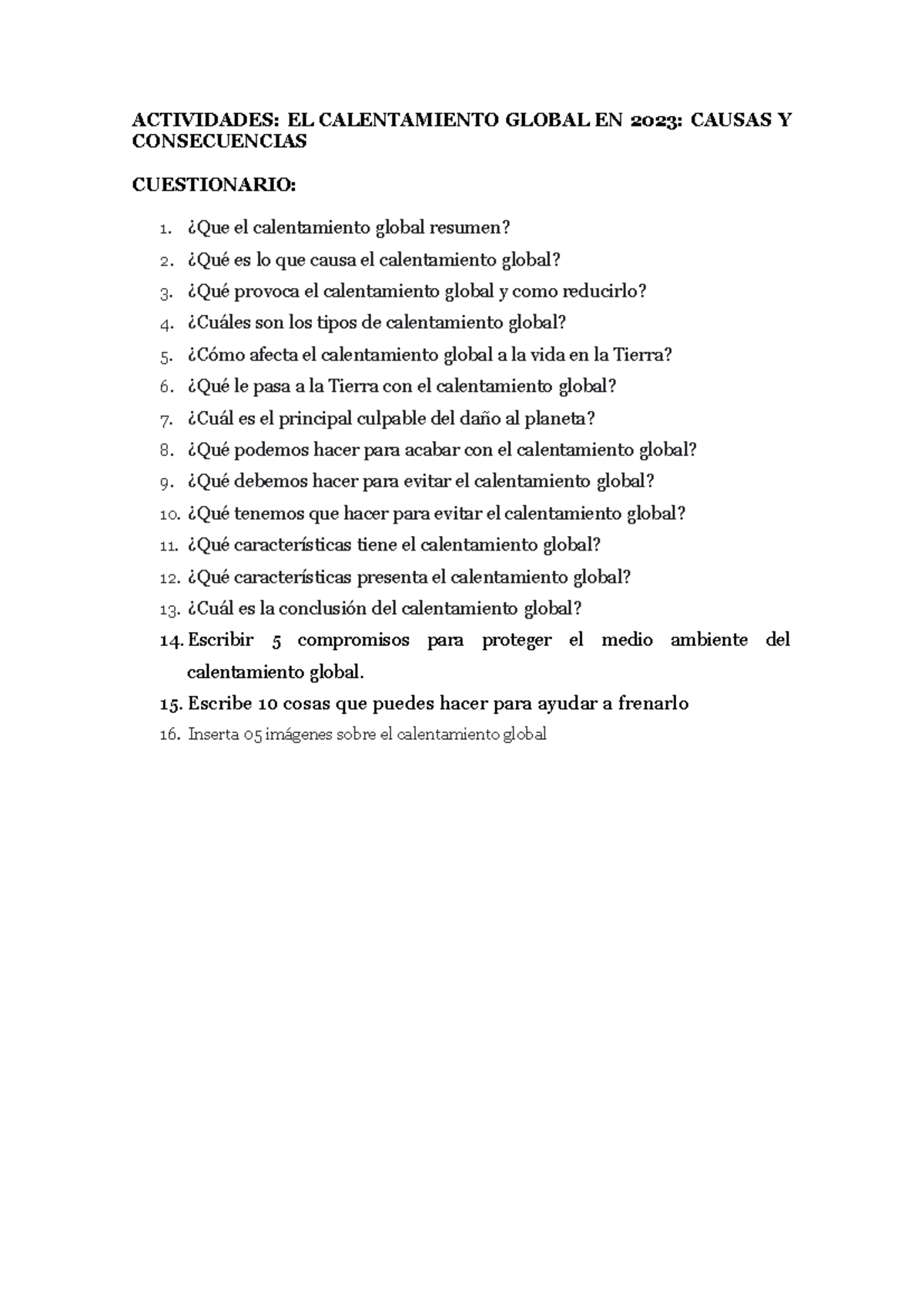 Actividades -EL Calentamiento Global - ACTIVIDADES: EL CALENTAMIENTO ...