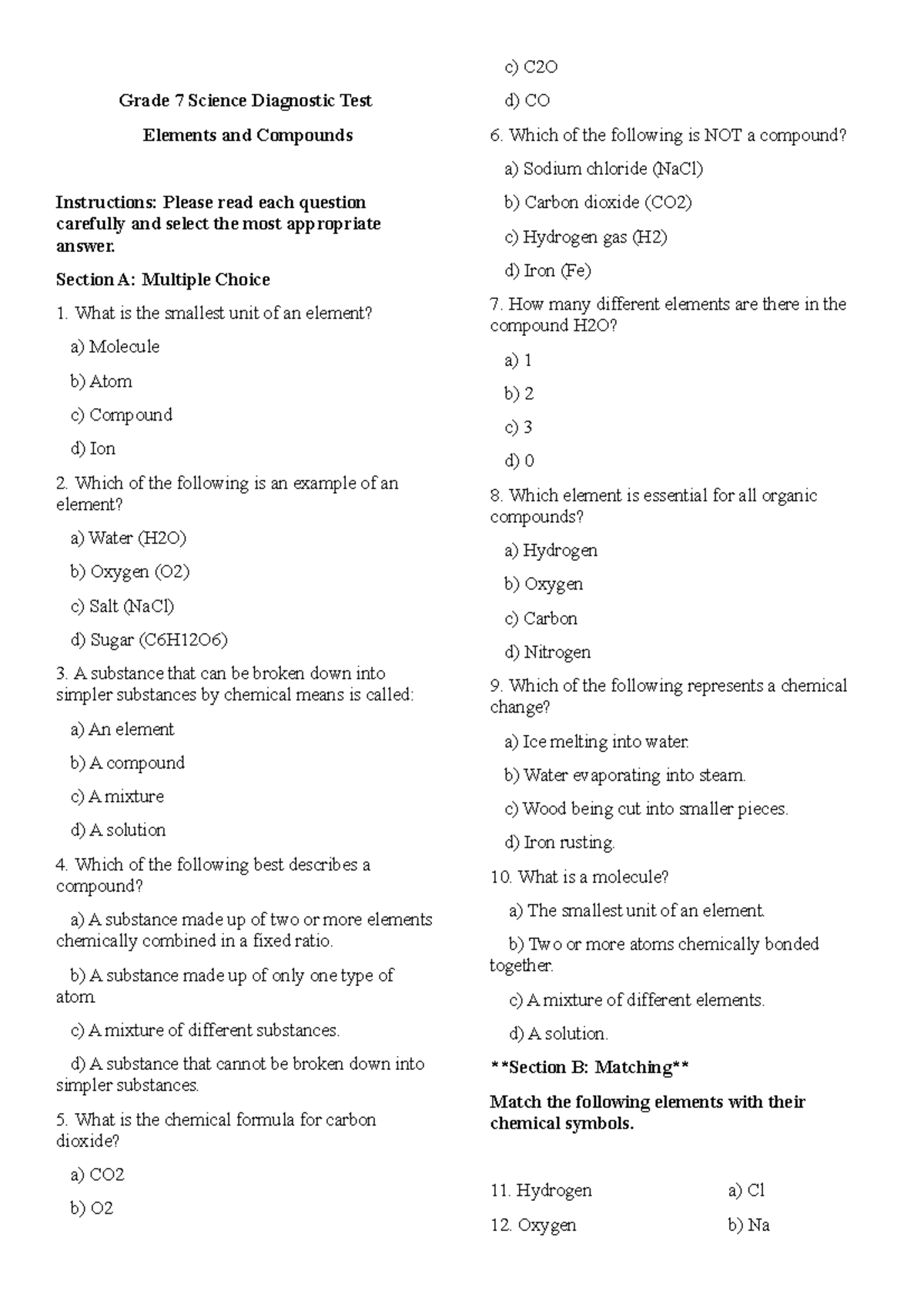 Grade 7 Science Diagnostic Test - Section A: Multiple Choice What is ...