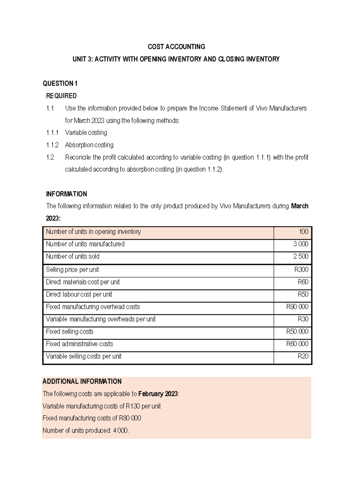 COST ACC UNIT 3 WITH Opening Inventory Activity - COST ACCOUNTING UNIT ...