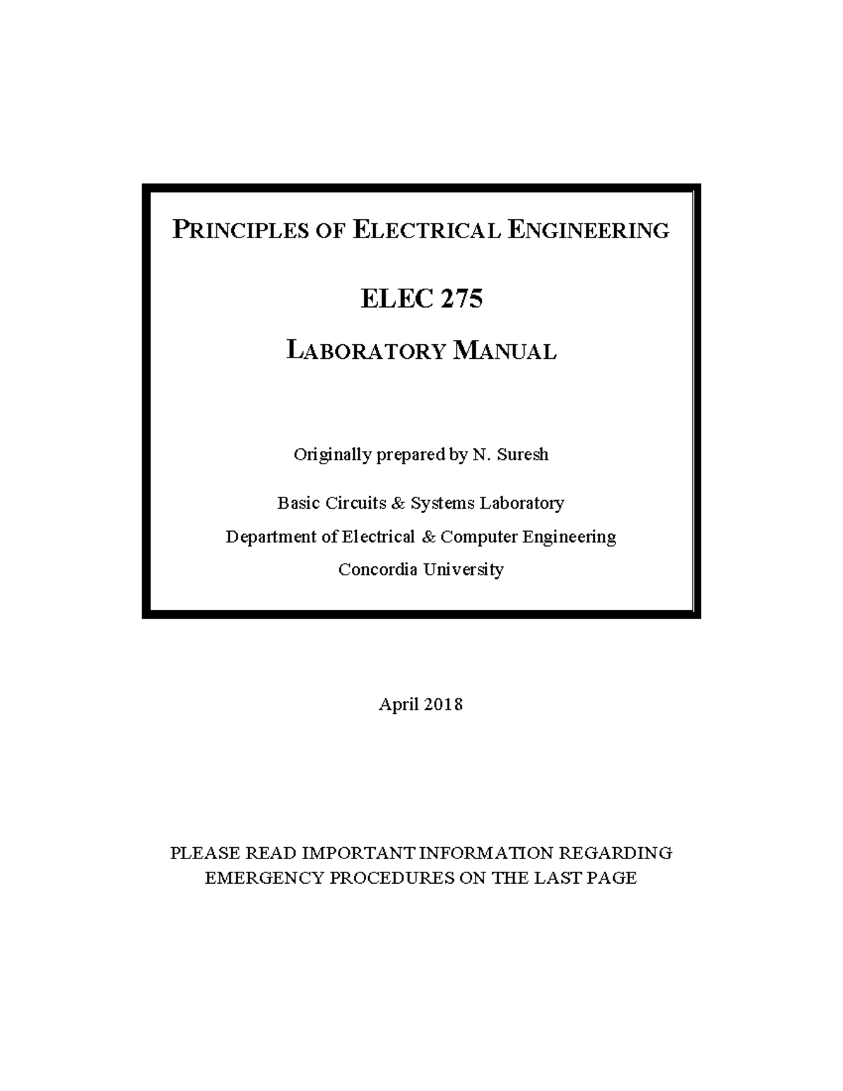 ELEC275 Manual 2018 - PRINCIPLES OF ELECTRICAL ENGINEERING ELEC 275 ...