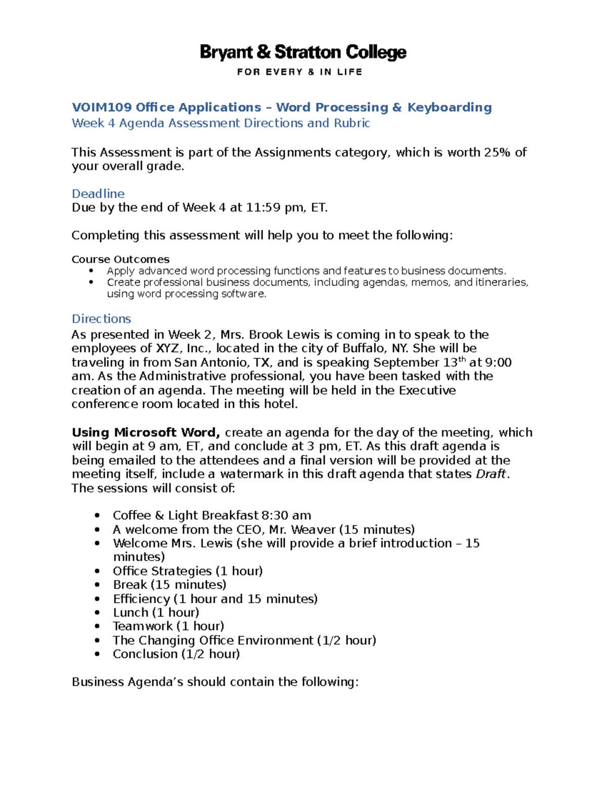 VOIM109 - Week 4 Agenda Assessment - VOIM109 Office Applications – Word Processing & Keyboarding ...