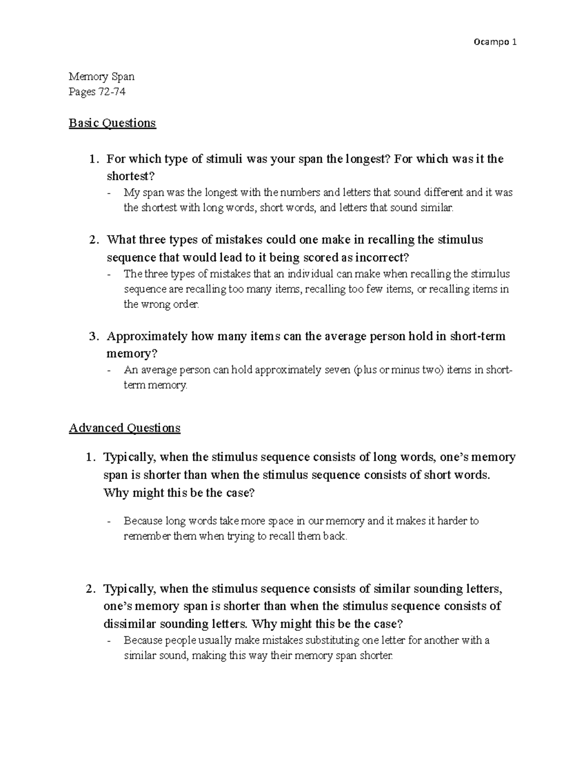 Memory Span questions - questionnaire for classwork - Ocampo 1 Memory ...