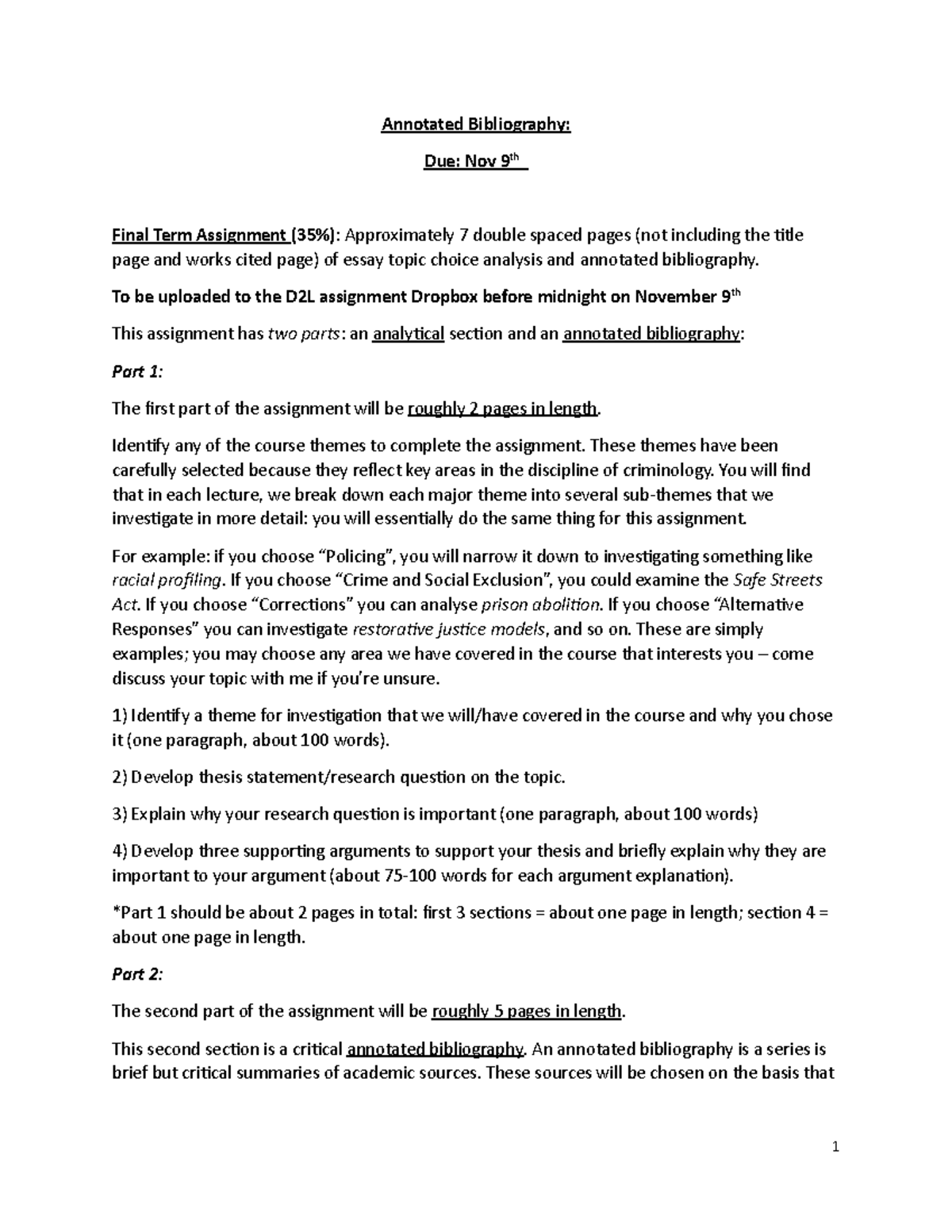 CRM 100 021 Final Assignment Annotated Bibliography Dr. Kolia ...