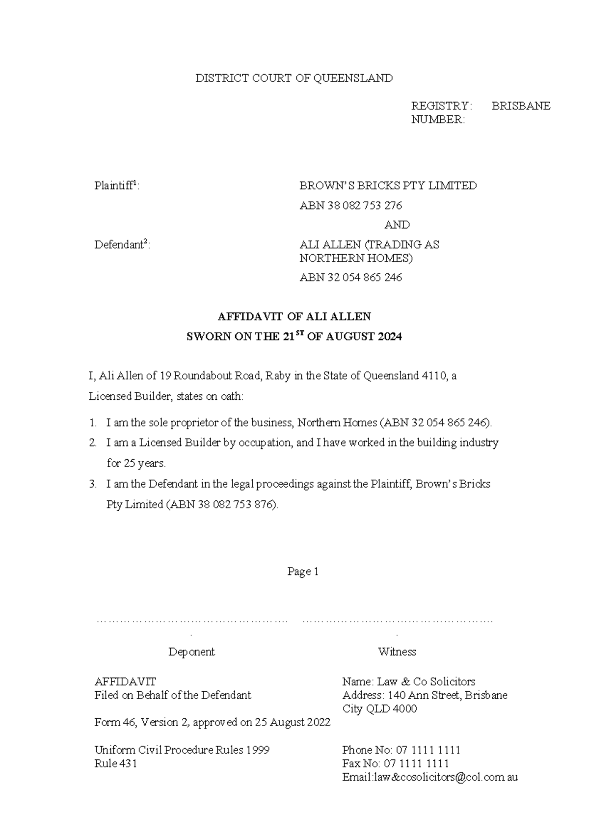 Affidavit of Ali Allen - DISTRICT COURT OF QUEENSLAND REGISTRY ...
