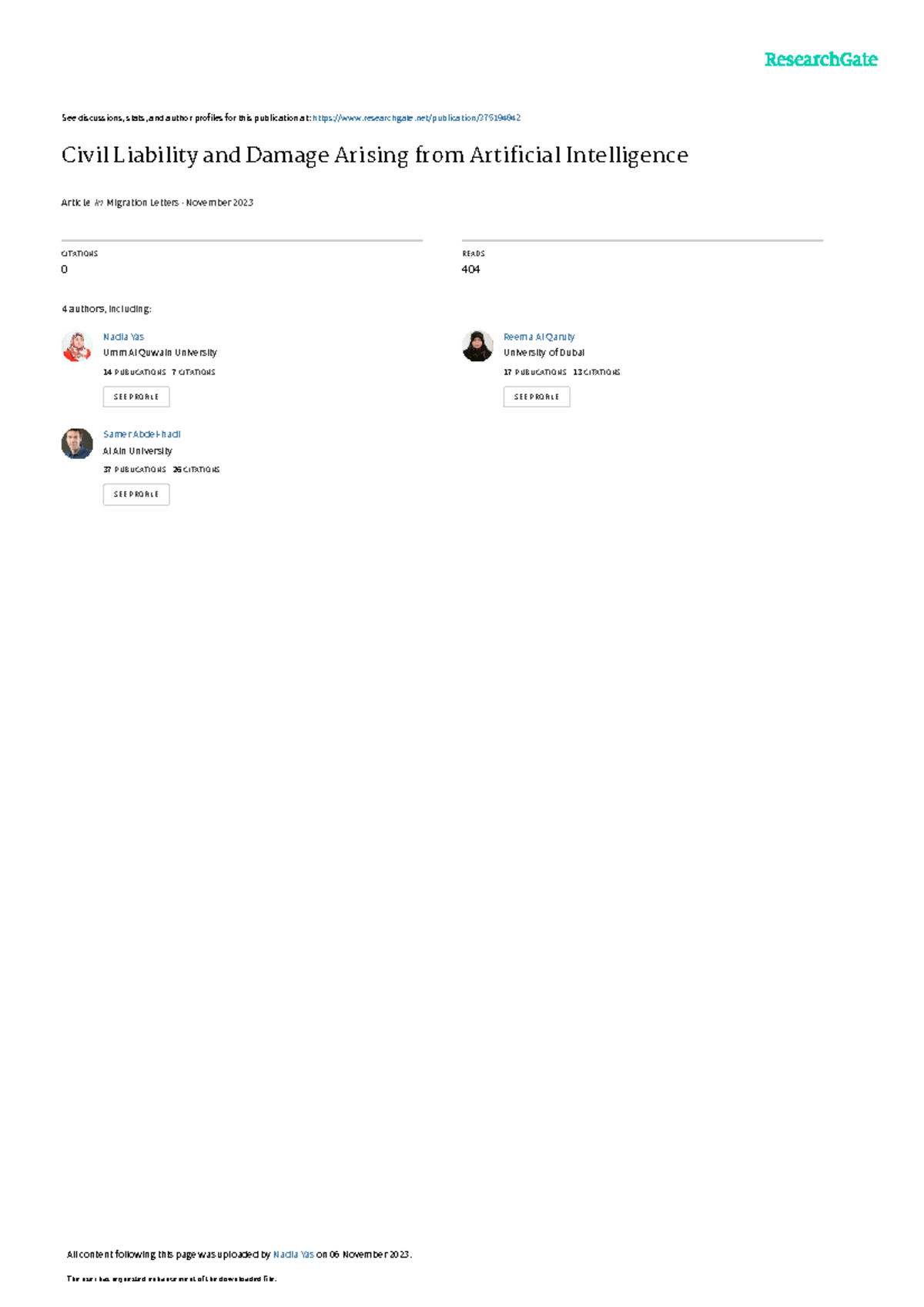 Civil Liability and Damage Arising from Artificial Intelligence - See discussions, stats, and ...
