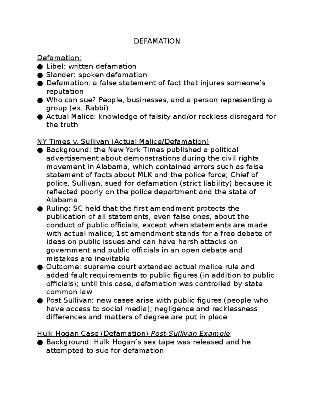 test 2 study guide - DEFAMATION Defamation: Libel: written defamation ...