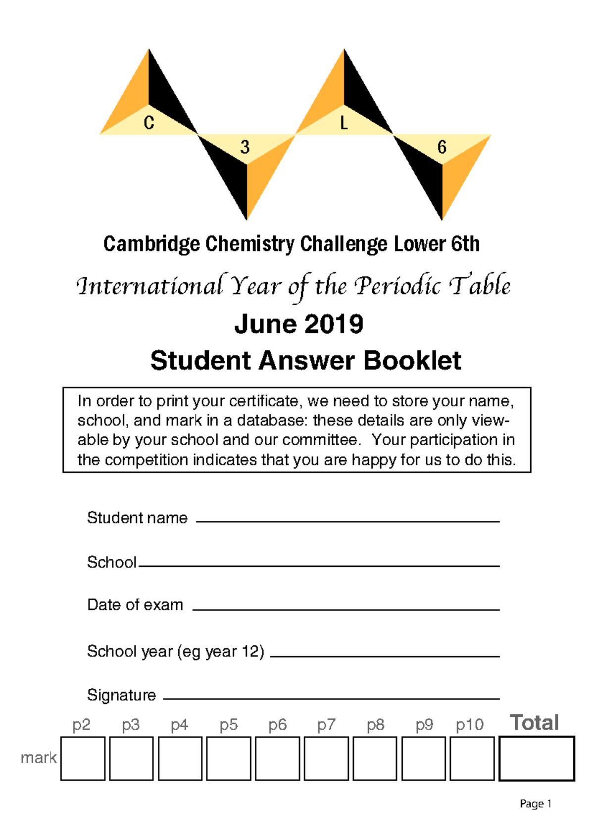 C3L6 Student answer booklet 2019 - Cambridge Chemistry Challenge Lower ...