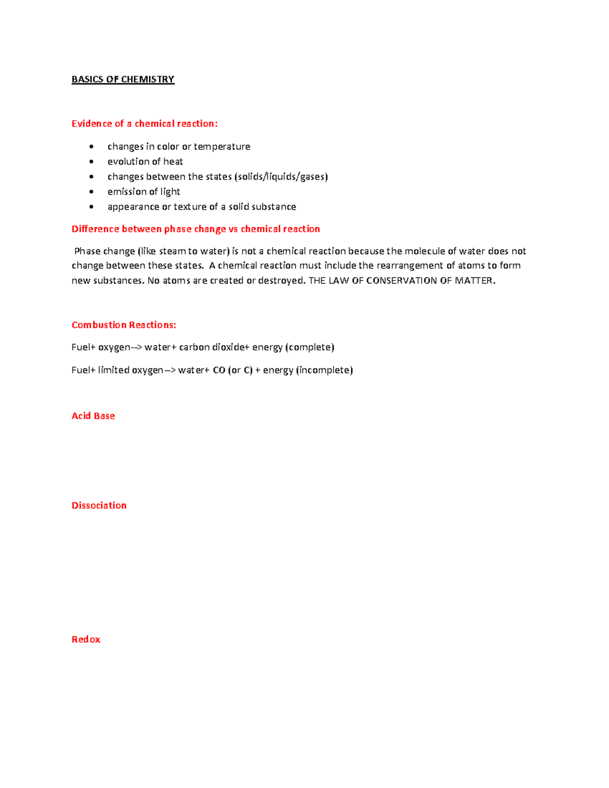 Basics of Chemistry - BASICS OF CHEMISTRY Evidence of a chemical ...