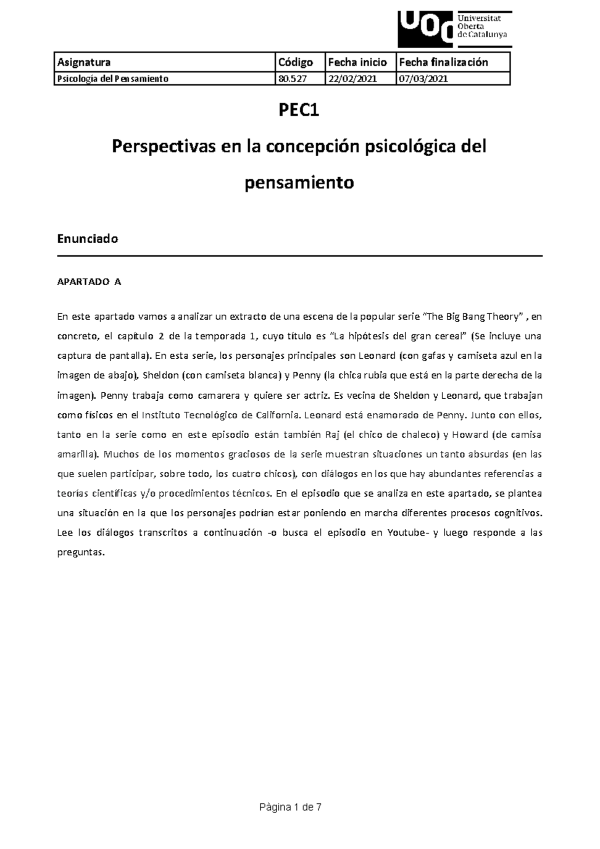 PEC 1 enunciados psicologia del desarrollo - PEC Perspectivas en la concepción psicológica del ...