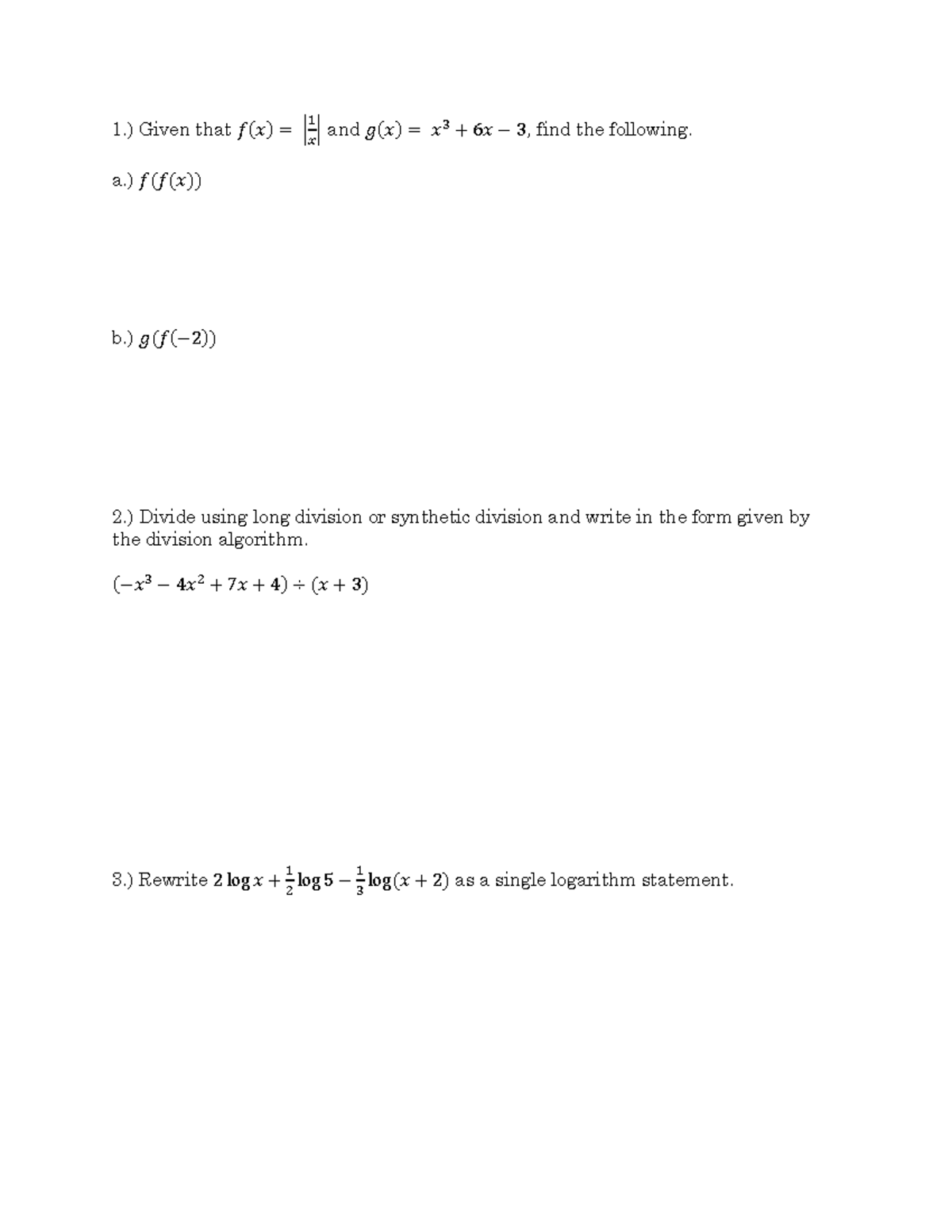 RU Pre Calc 112 Mock Final Exam - 1.) Given that 𝑓(𝑥) = | 1 𝑥| and 𝑔(𝑥 ...