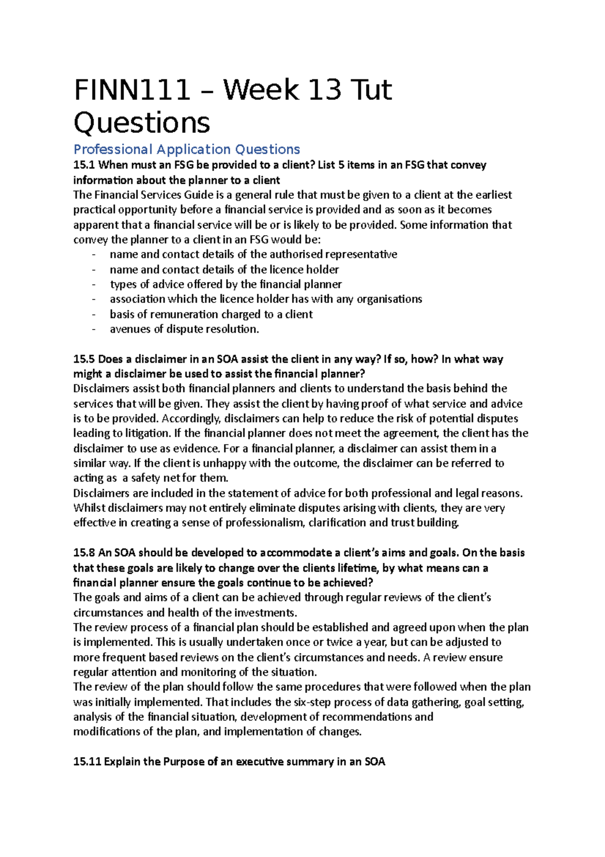 Wk 13 - tut 13 questions - FINN111 – Week 13 Tut Questions Professional Application Questions 15 ...