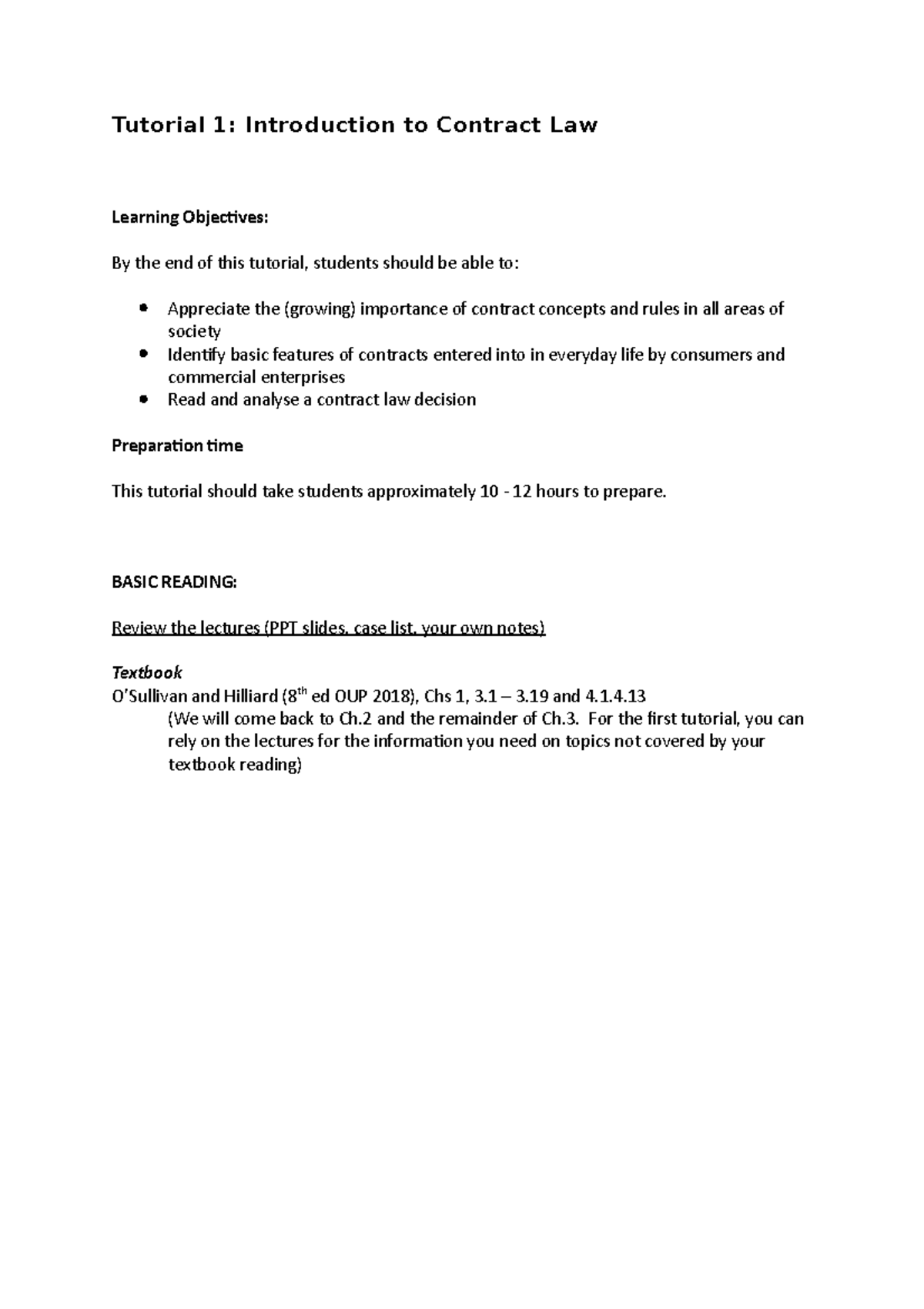 Tutorial 1 Contract Law - Tutorial 1: Introduction to Contract Law ...