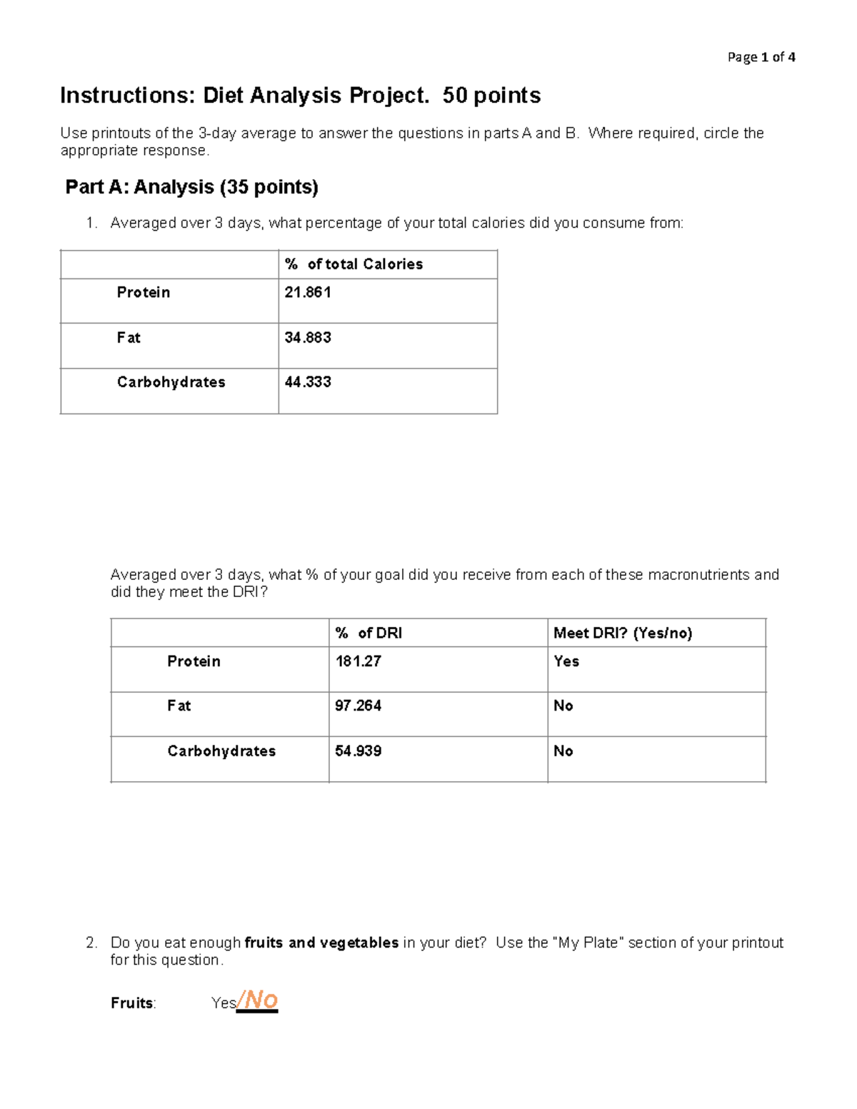 DWP questions - Yea - Instructions: Diet Analysis Project. 50 points ...