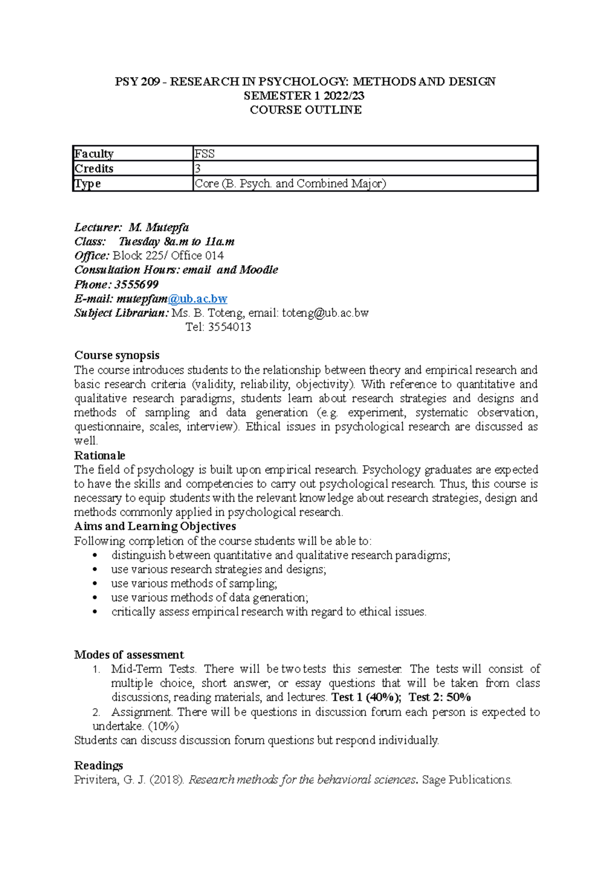 1. PSY 209 course outline 2022 - PSY 209 - RESEARCH IN PSYCHOLOGY ...