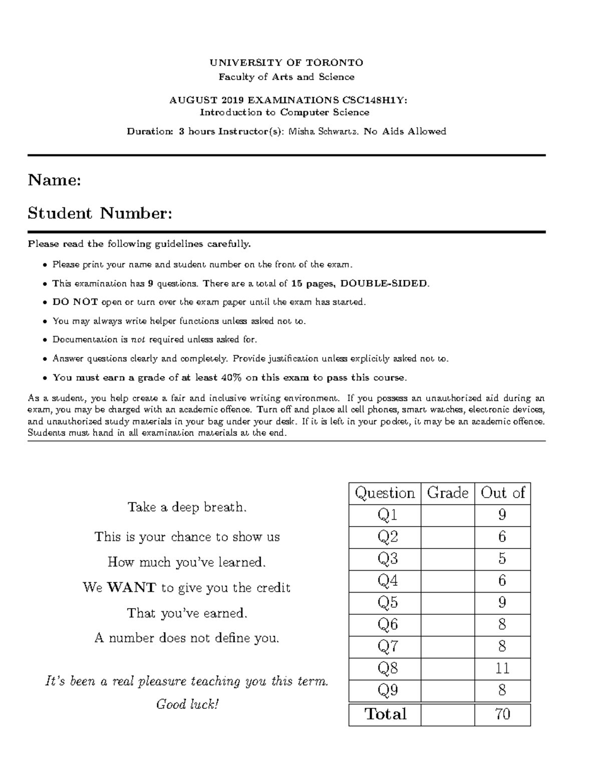 Csc148h-apr19 Term test - UNIVERSITY OF TORONTO Faculty of Arts and ...