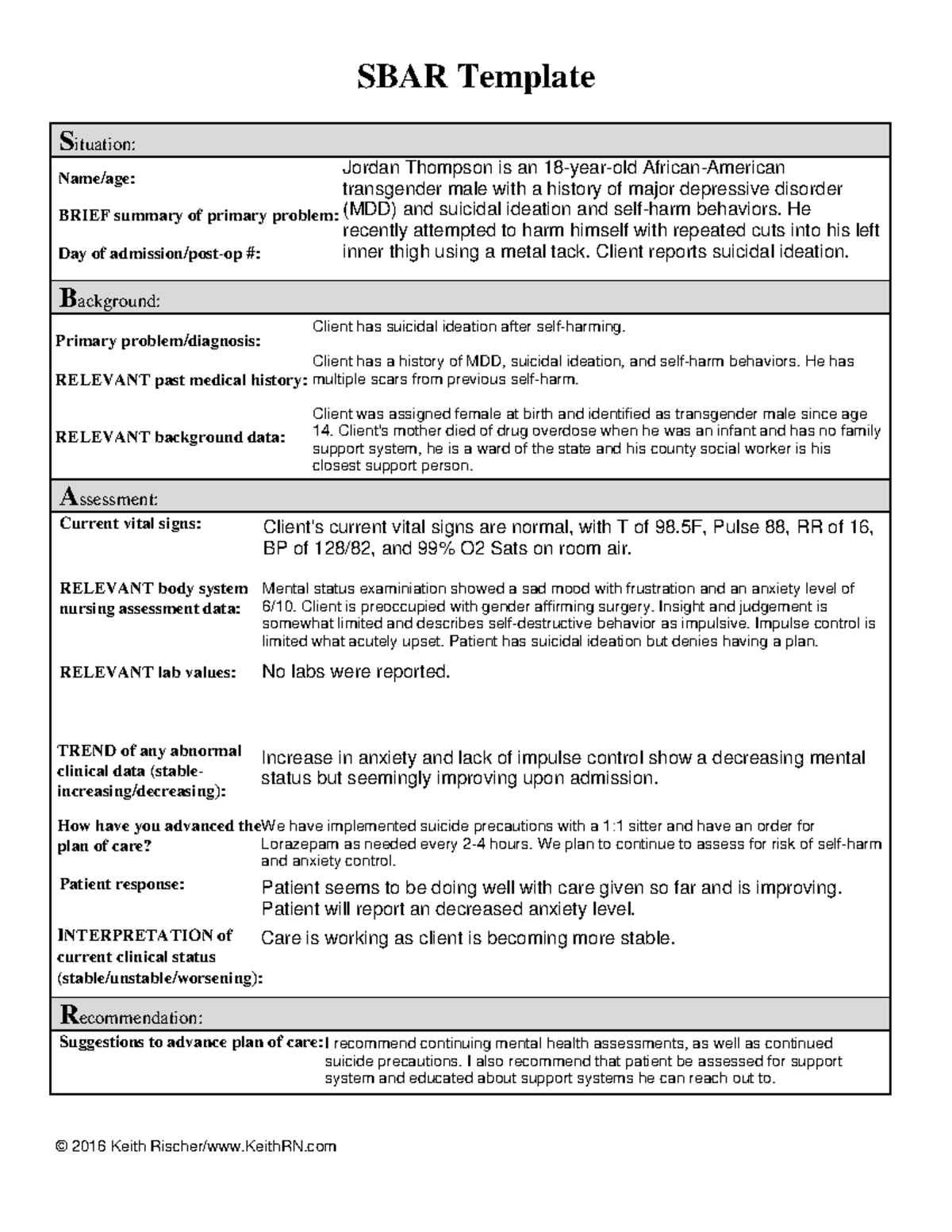 Jordan SBAR Fillable PDF - © 2016 Keith KeithRN SBAR Template Situation ...