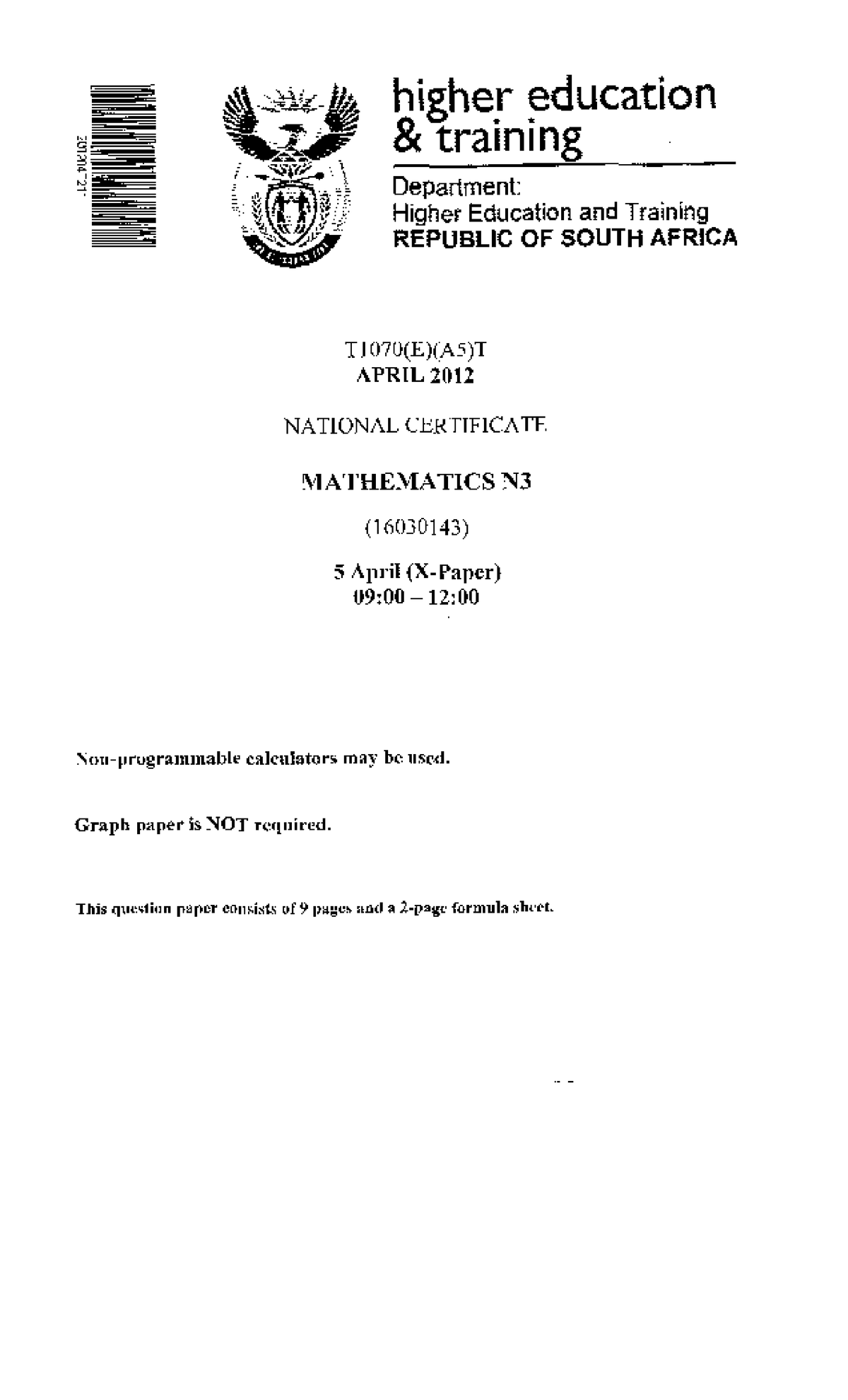 Mathematics N3 X-Paper Apr 2012 - Mathematics for business - Studocu